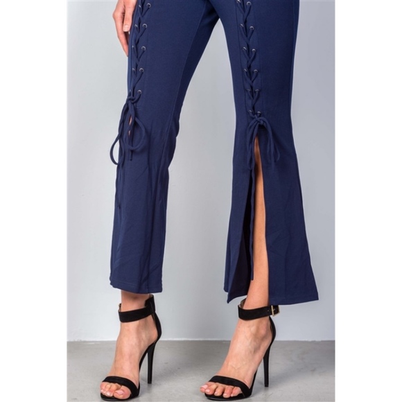Luxe Label | Pants & Jumpsuits | Wide Split Leg Laceup Jumpsuit In Navy ...